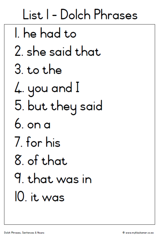 Dolch Phrases, Sentences & Nouns - My Klaskamer