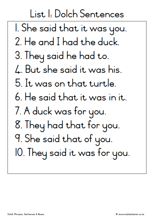 Dolch Phrases, Sentences & Nouns - My Klaskamer