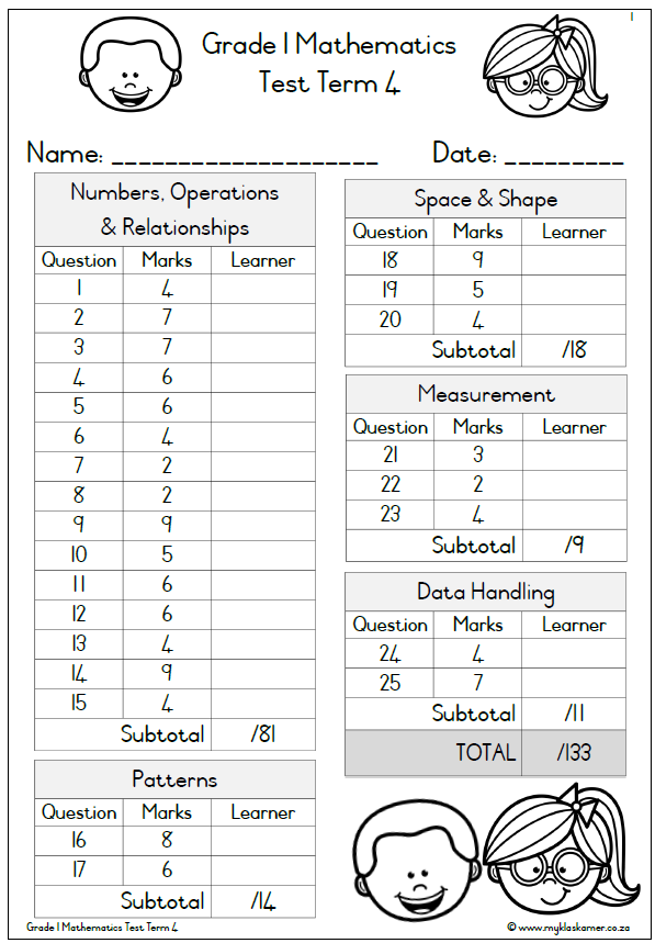 (2024) Grade 1 Mathematics Term 4 ASSESSMENT - My Klaskamer