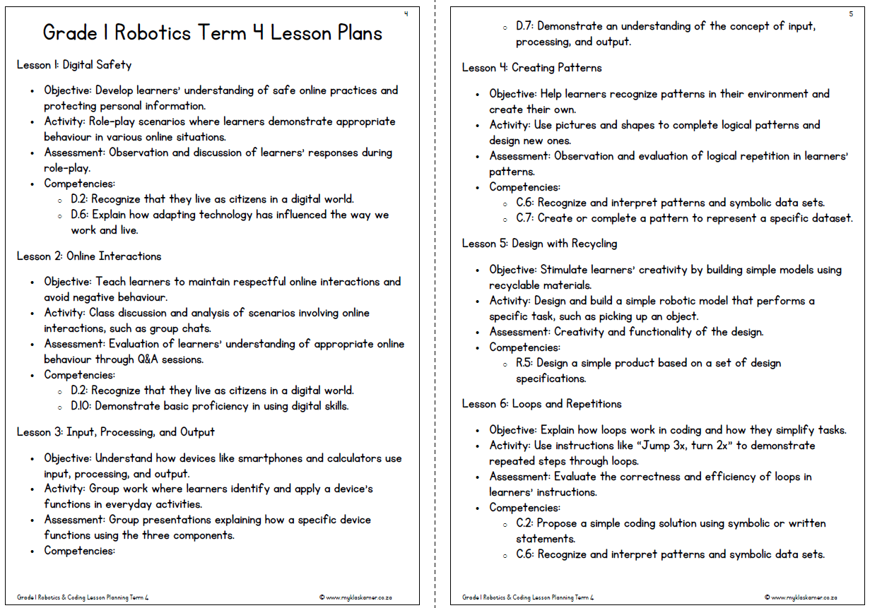 Grade 1 Coding & Robotics Lesson Planning & Worksheets Term 4 - My ...
